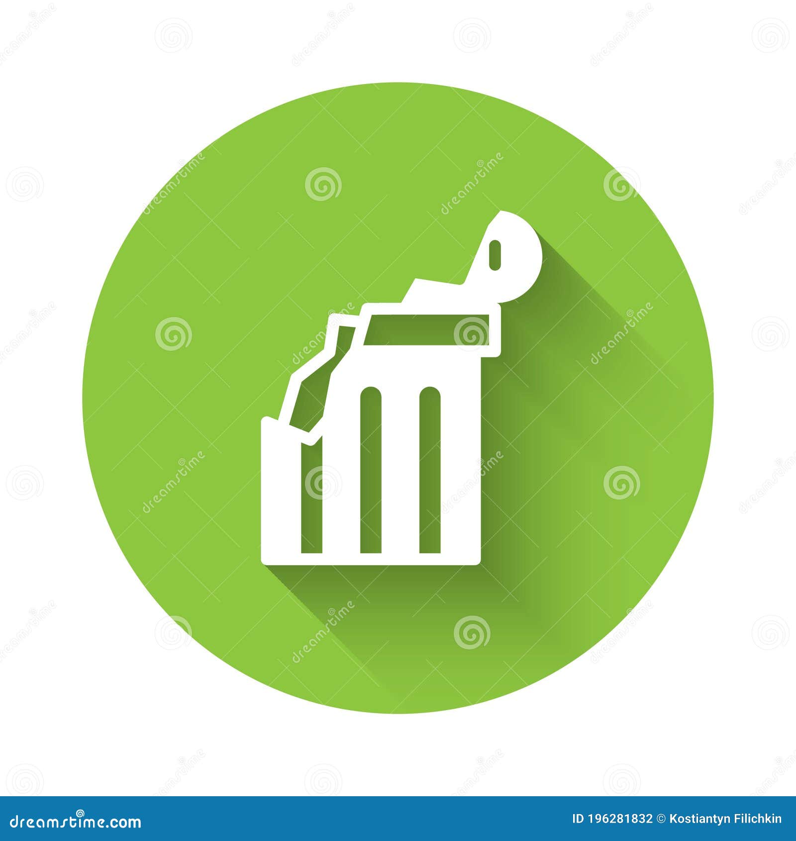 White Broken Ancient Column Icon Isolated with Long Shadow. Green ...