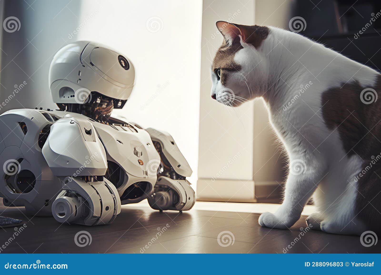 The White-brown Cat Looks and Studies the White Robot on the Floor ...