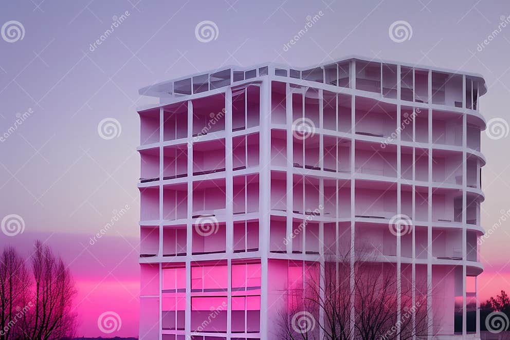 White Building at Dawn, Pink Sunset, Liminal Stock Illustration ...