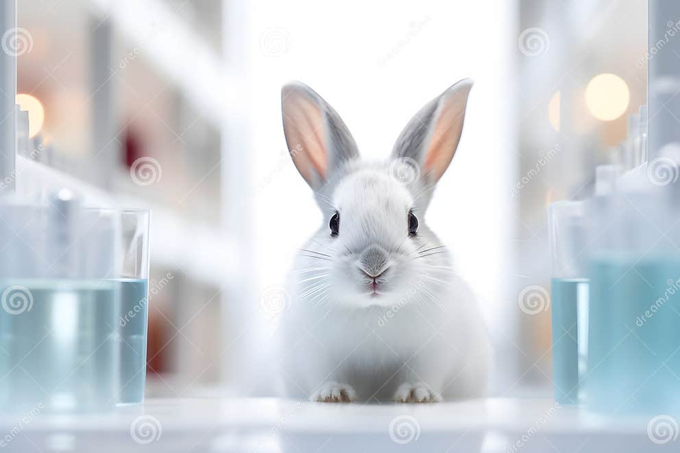 White Bunny in Blurry Laboratory. Animal Testing for Science Stock ...