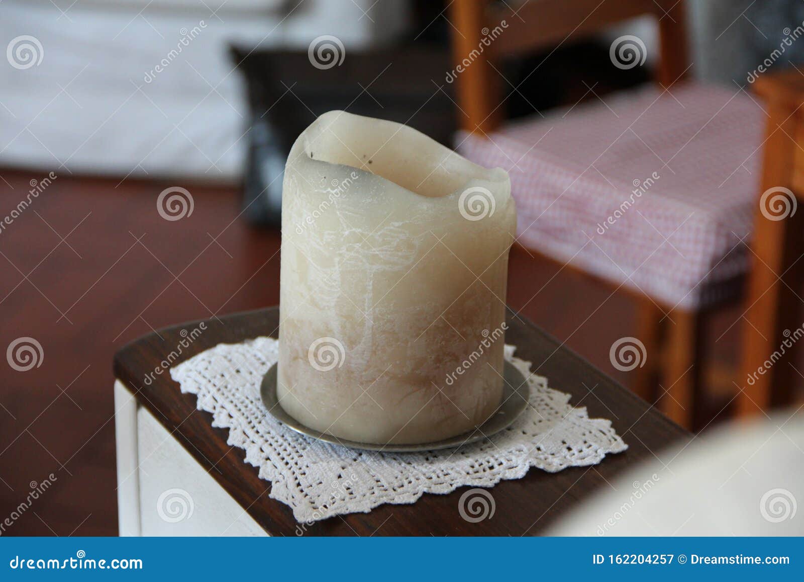White Burned Candle on Wooden Railing Stock Image - Image of design ...
