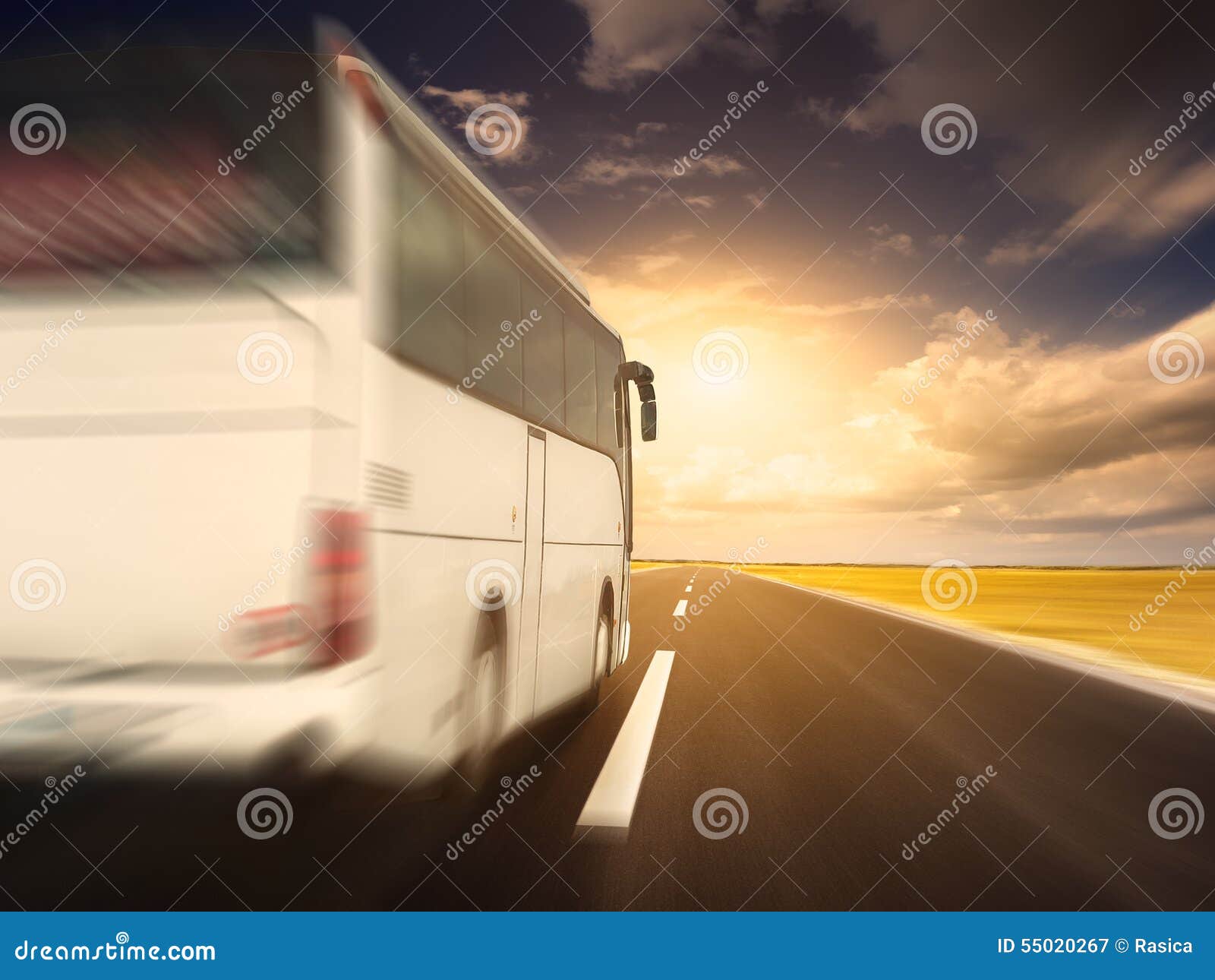 White Bus in Fast Driving on an Empty Asphalt Road Stock Image - Image ...