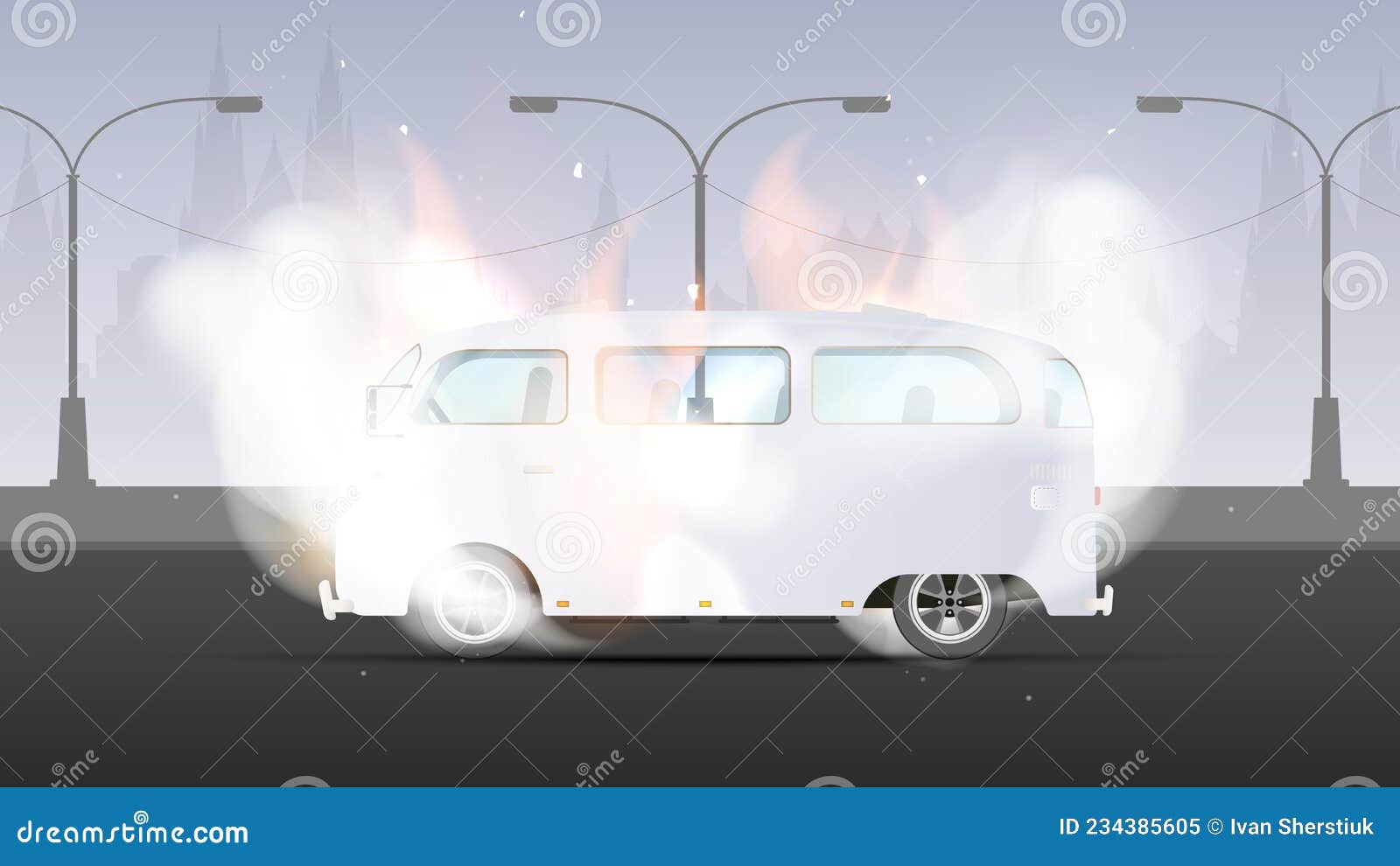 White Bus in Flames and Smoke. the Bus is on Fire. Vector Illustration ...
