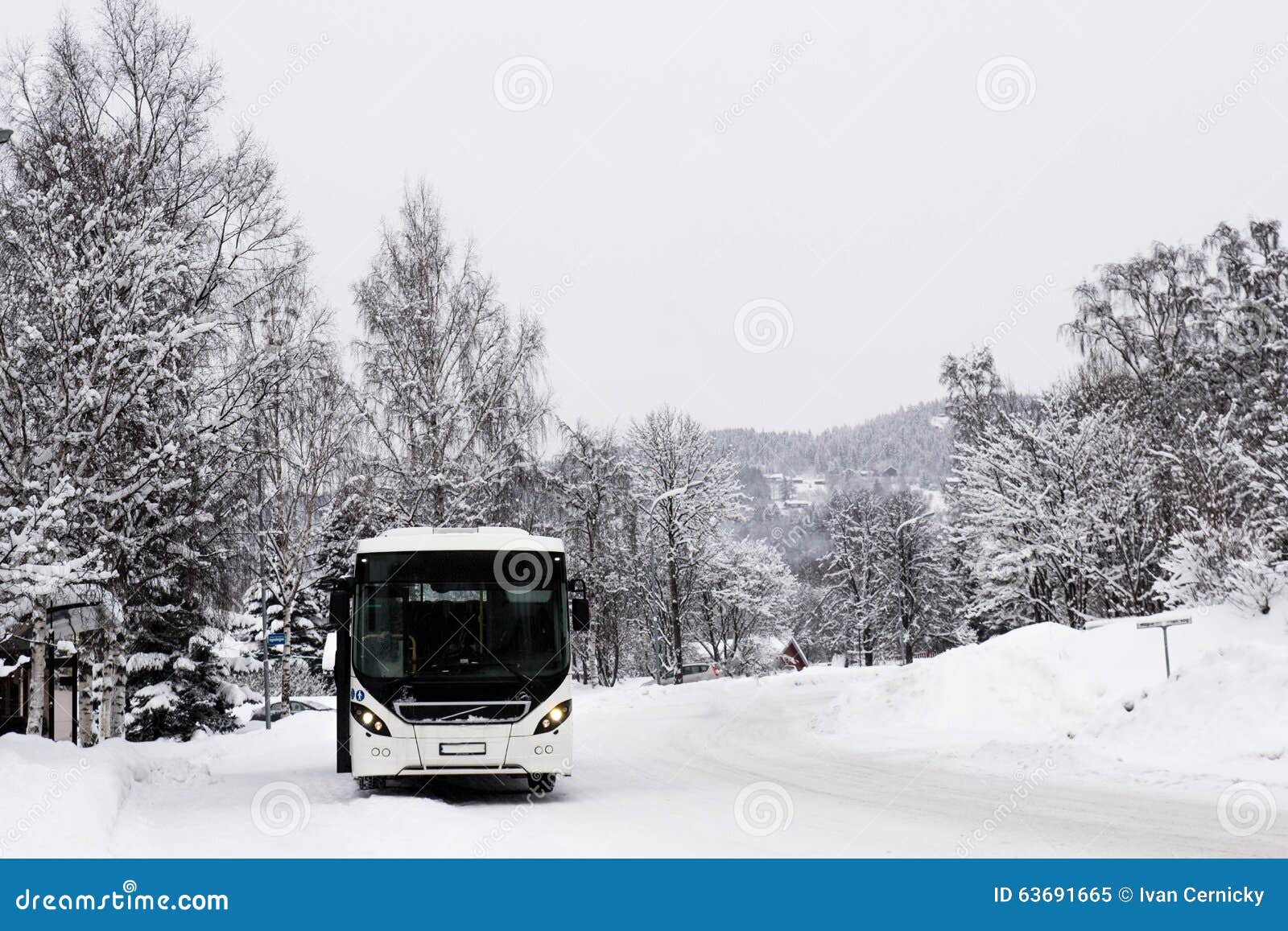 White Bus in Snow-covered Landscape Stock Image - Image of journey ...