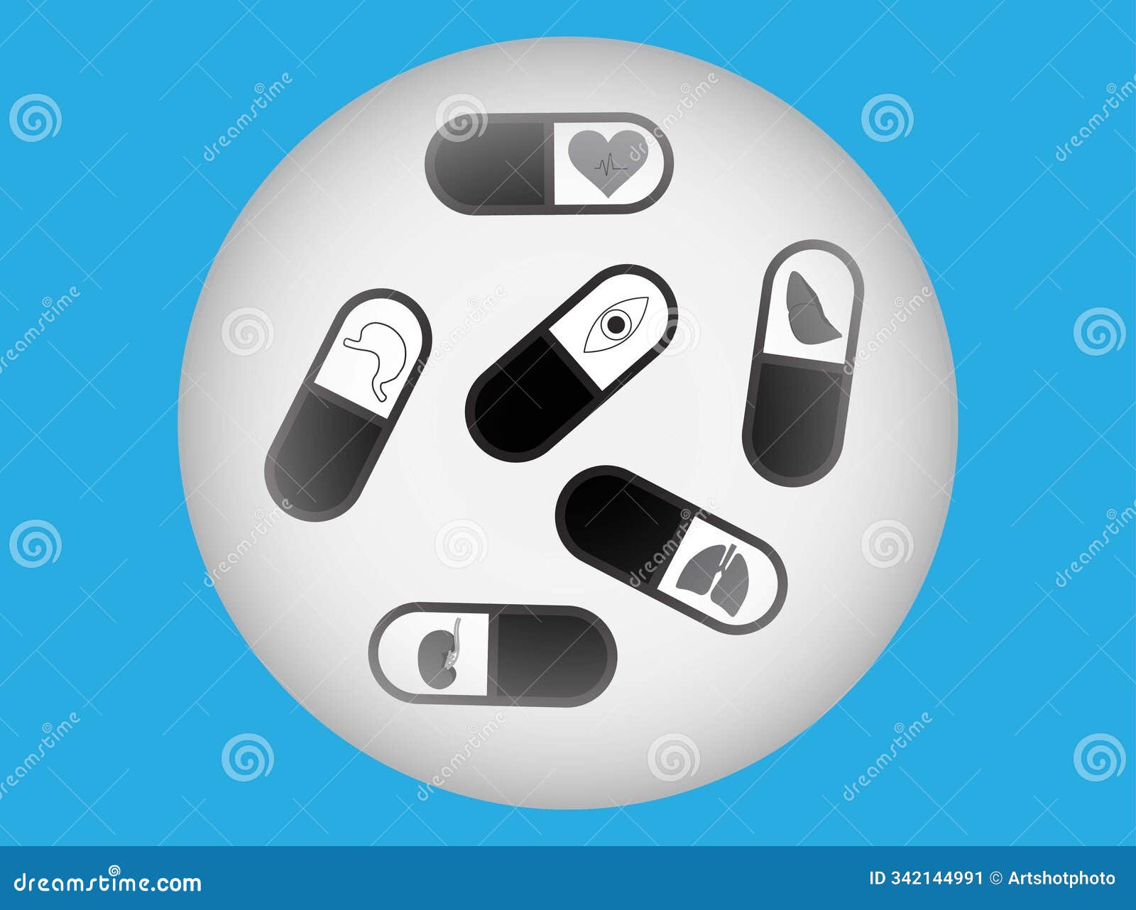 White Button with Six Capsules Pills with Human Body Organs Inside ...