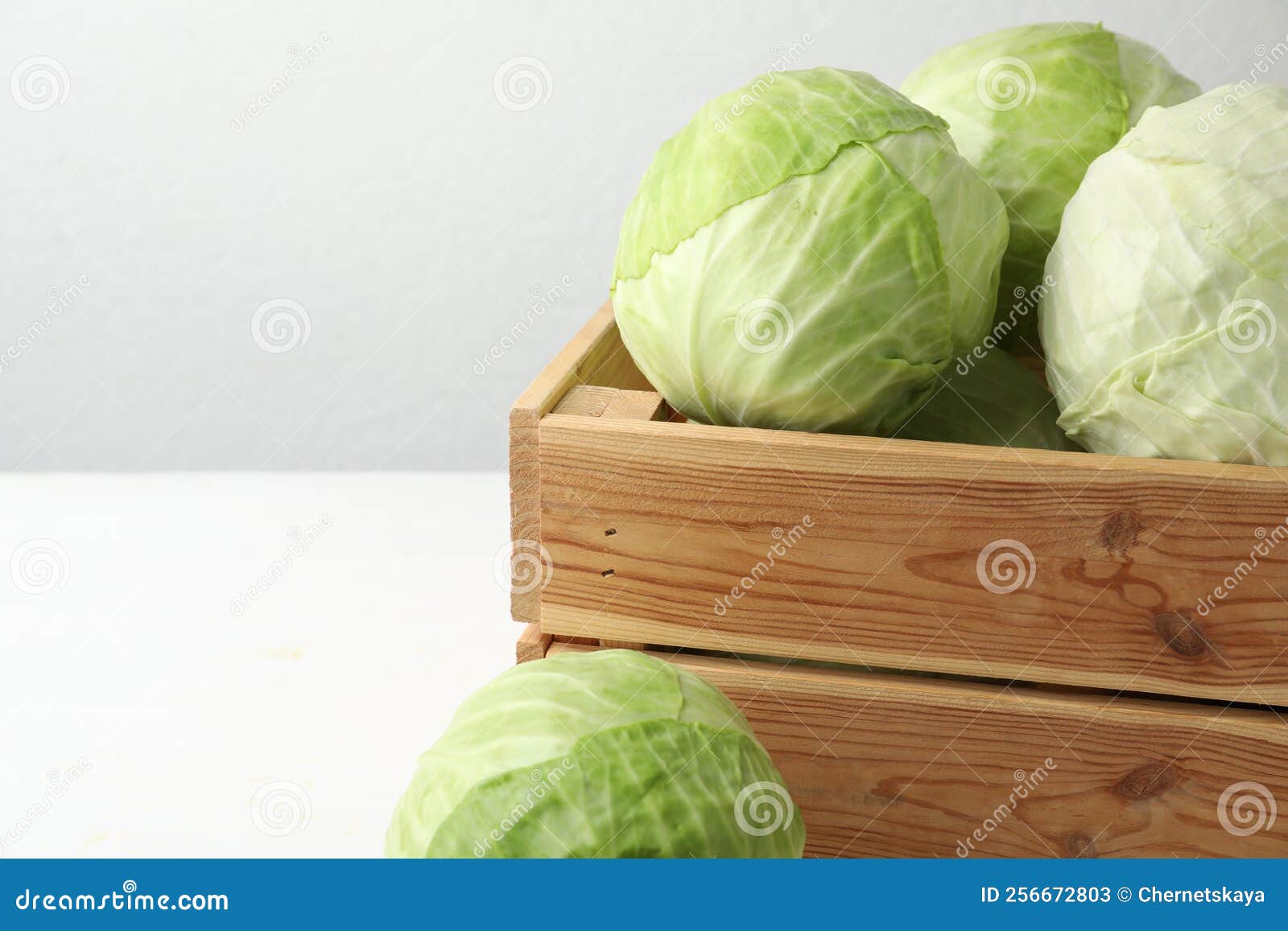 White Cabbage in Crate on Table, Closeup. Space for Text Stock Image ...