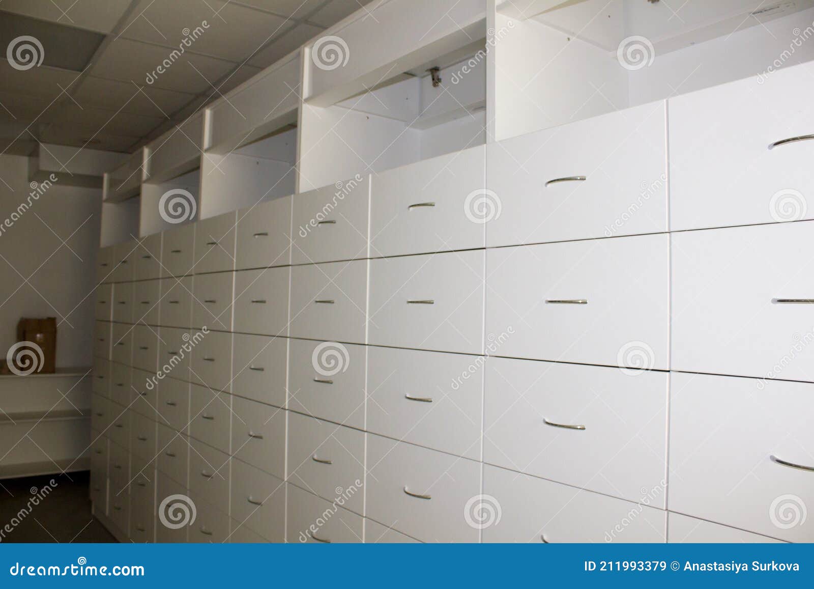 White Cabinets in a Pharmacy or Medical Laboratory. Light Walls and ...