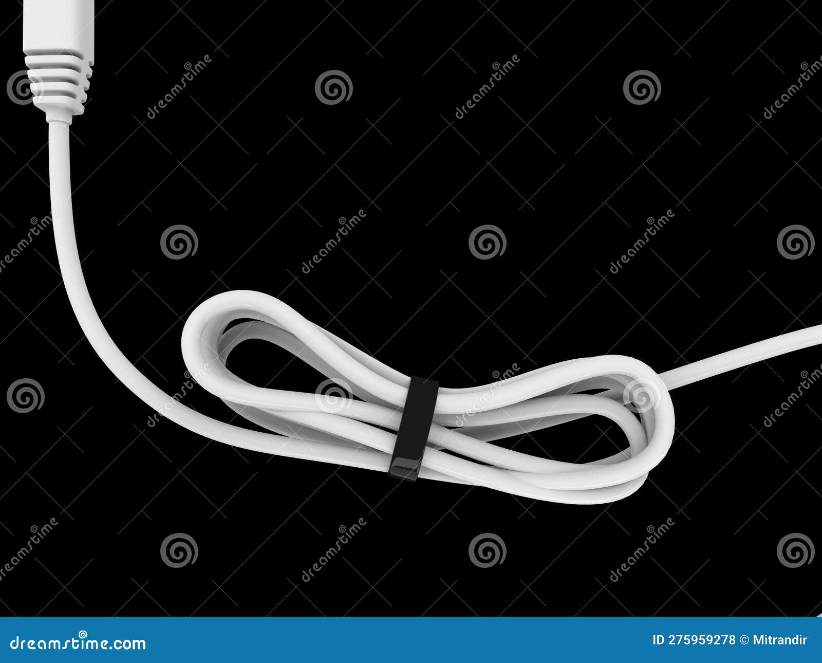 White Cable Bent and Coiled Up and Held with Black Rubber Band Stock ...