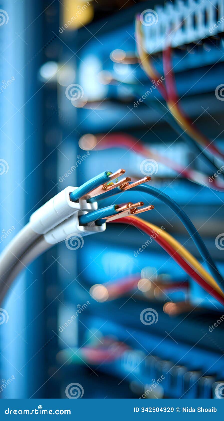 White Cable with Exposed Wires on Blue, Emphasizing Connectivity and ...