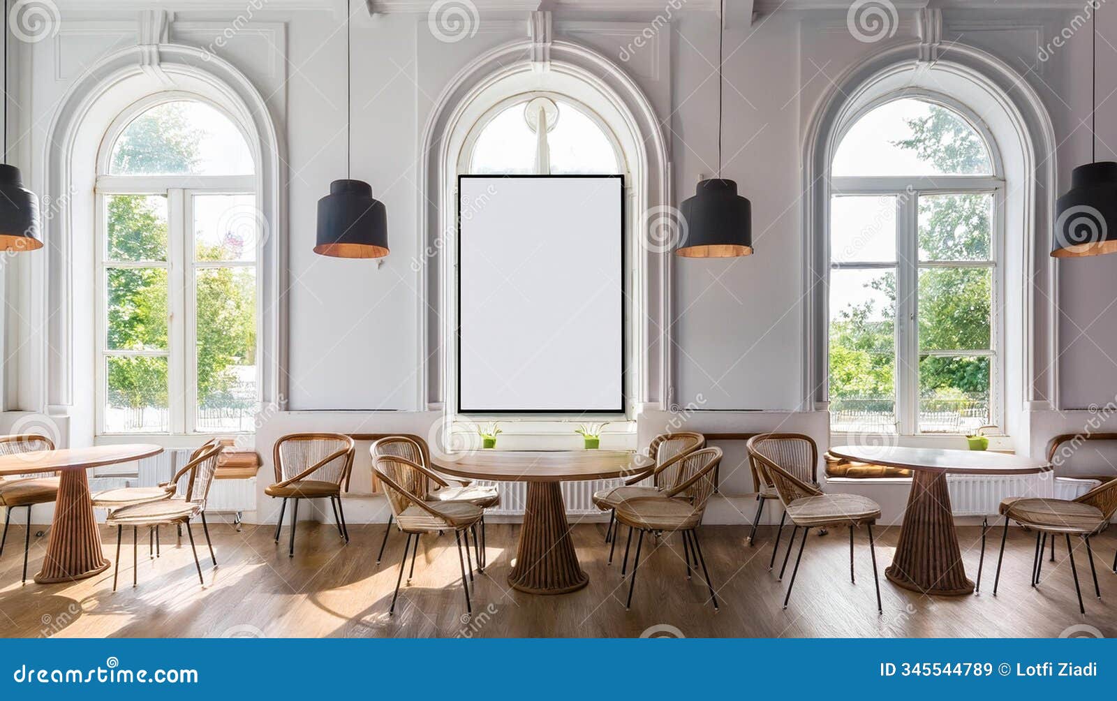 White Cafe Interior with Arched Windows and Poster Stock Illustration ...