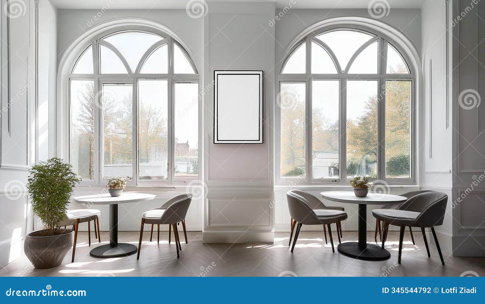 White Cafe Interior with Arched Windows and Poster Stock Illustration ...
