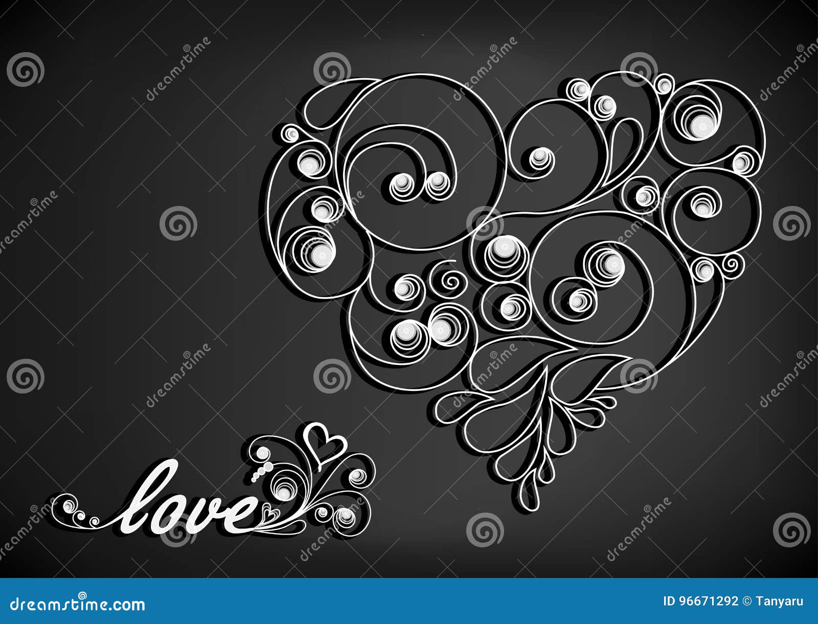 White Calligraphic Heart with Shadow and Love Word on the Black ...