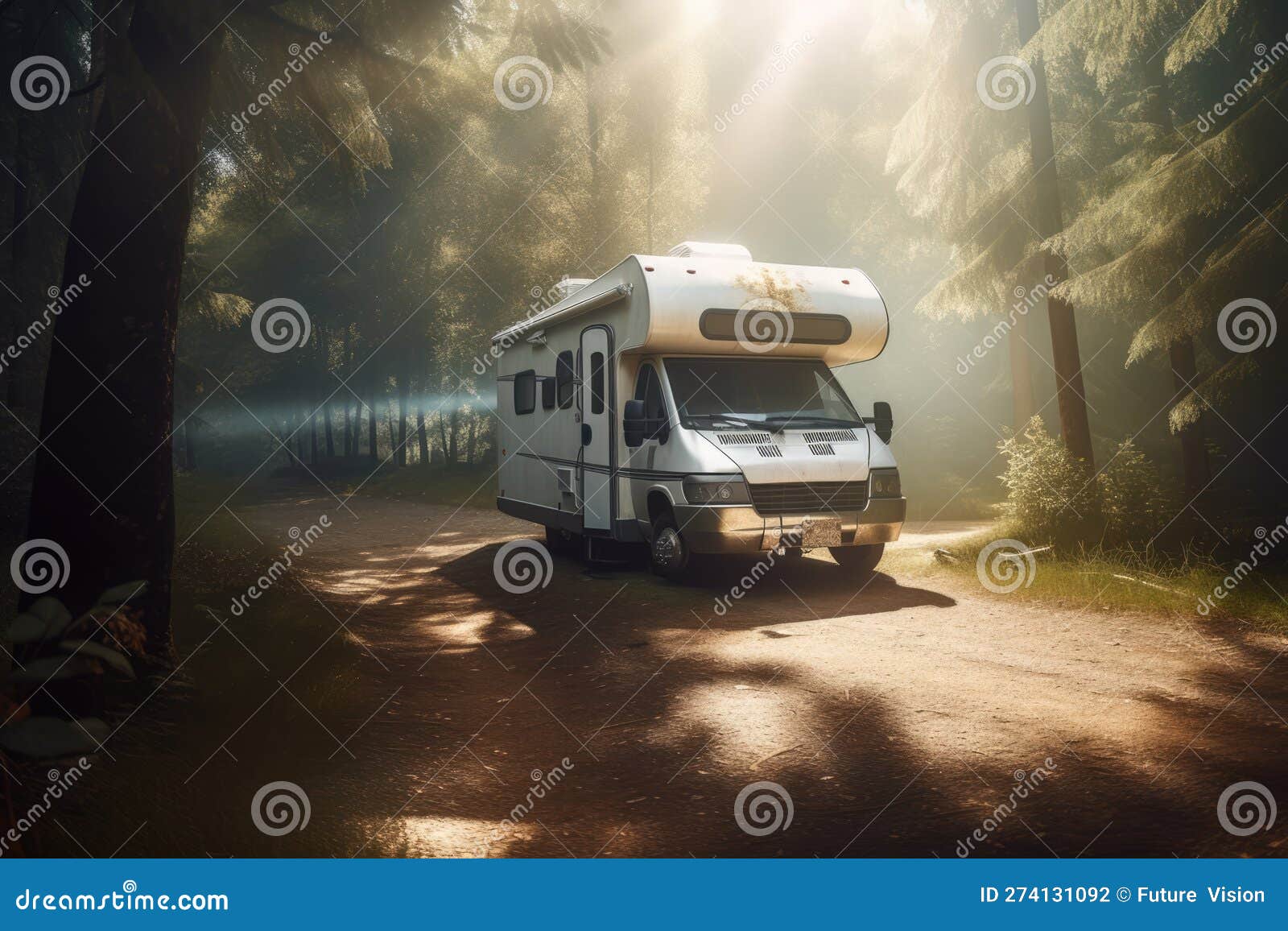 White Camper Van with Sunlight and Trees in Forest Created Using ...