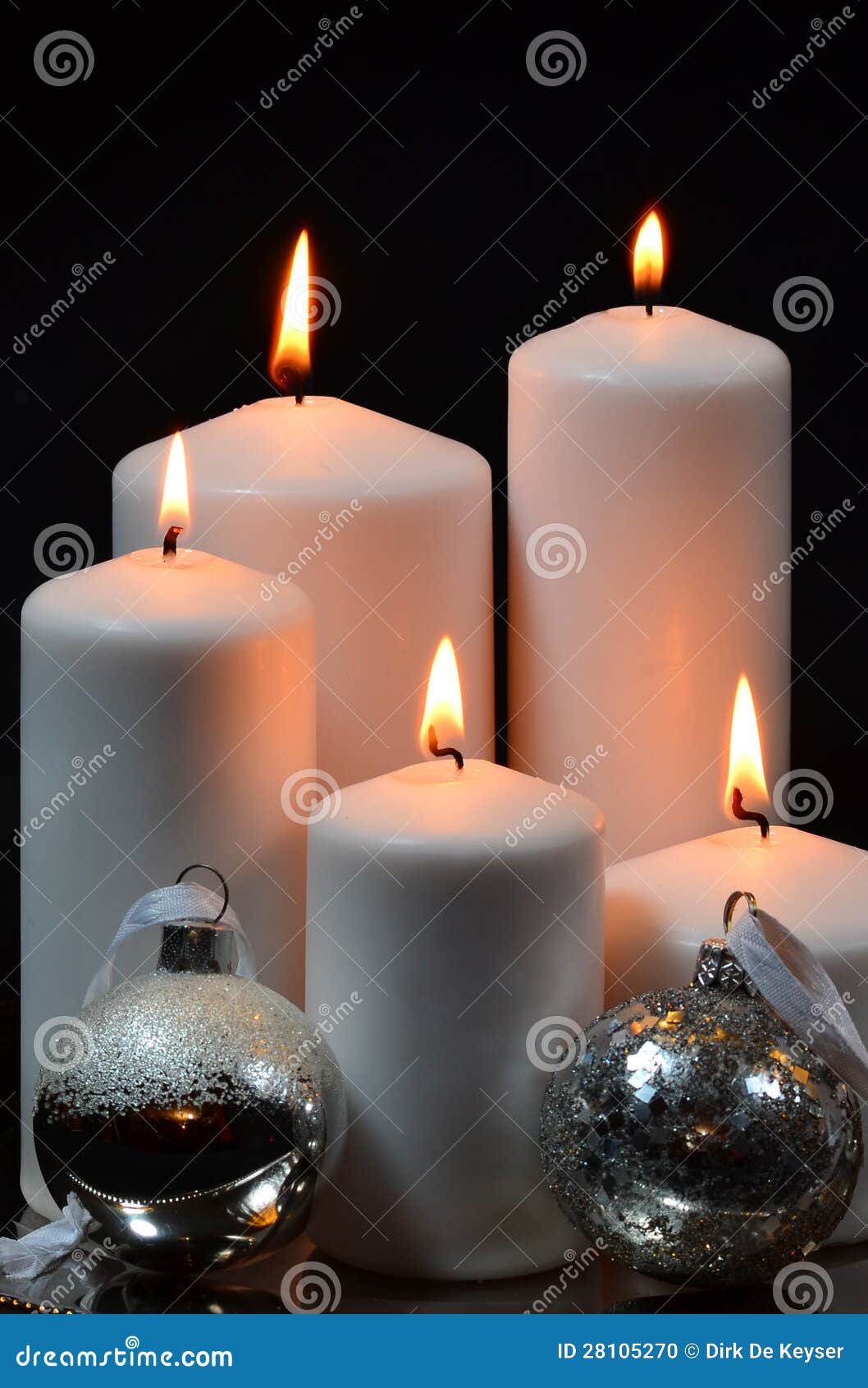 White Candles with Silver Christmas Balls Stock Photo - Image of night ...