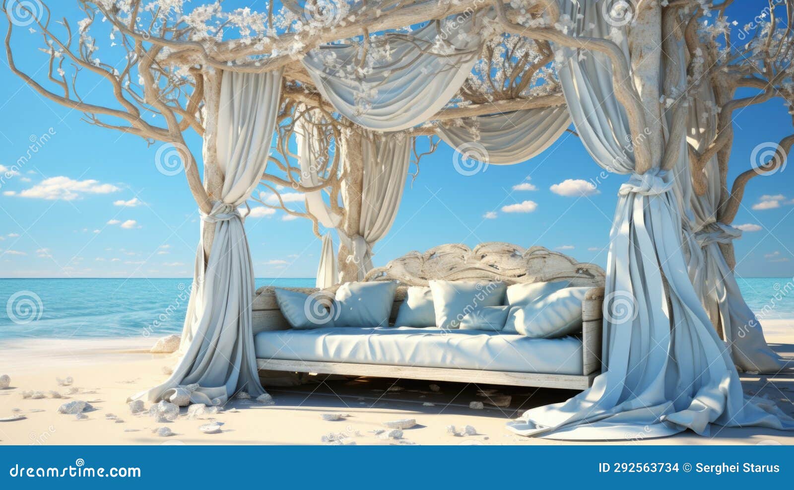 A White Canopy Bed on a Beach with Blue Curtains, AI Stock Photo - Image of beach, comfortable ...