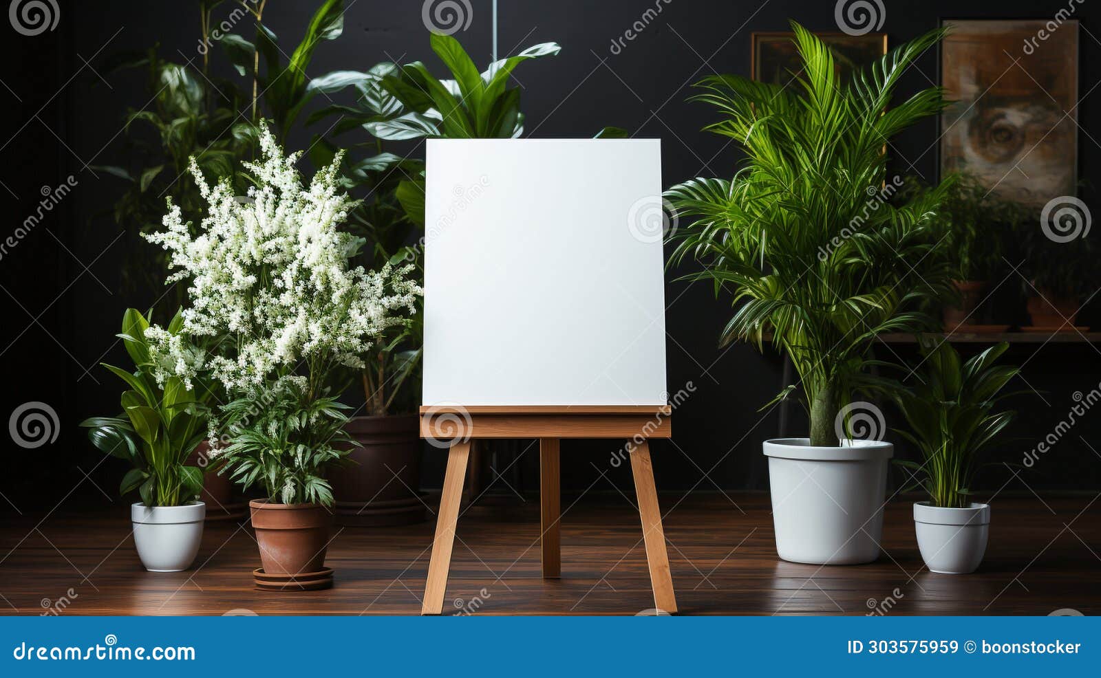 White Canvas on Wooden Easel and Copy Space with Plant. AI Generated ...