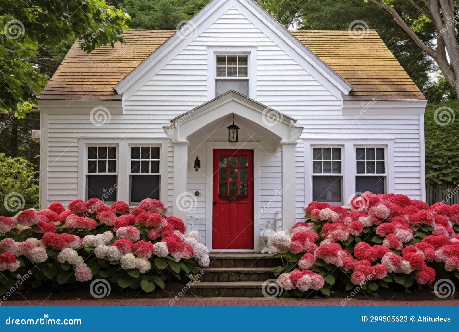 A White Cape Cod House with a Red Front Door, Surrounded by Hydrangeas ...