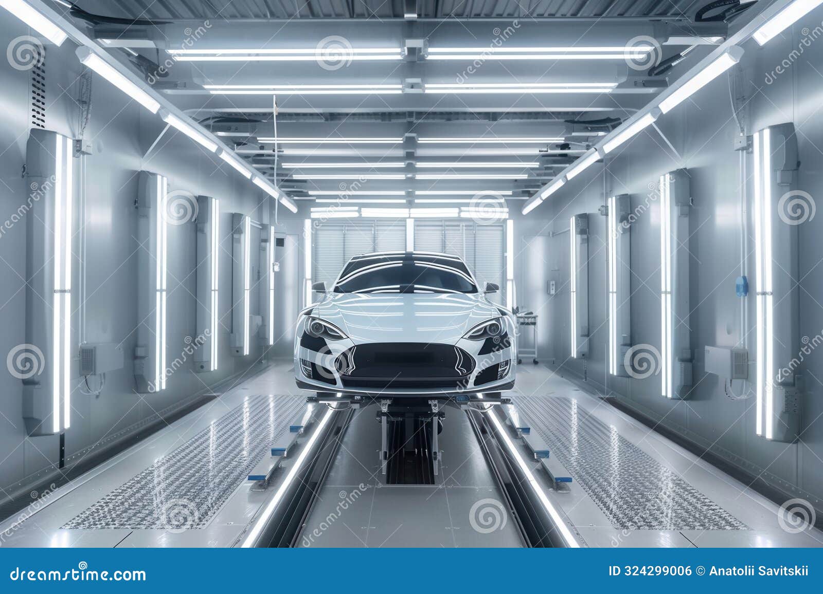 A White Car is Being Painted in a Modern Automotive Paint Shop ...