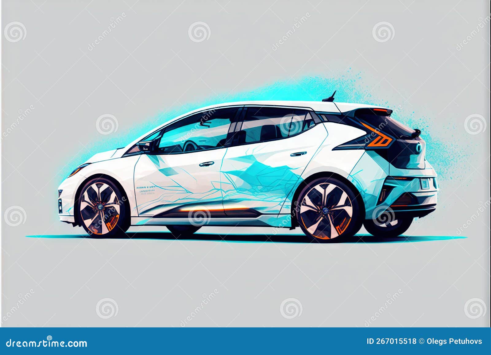 A White Car with a Blue Background and a Black Rim and Orange Wheels ...