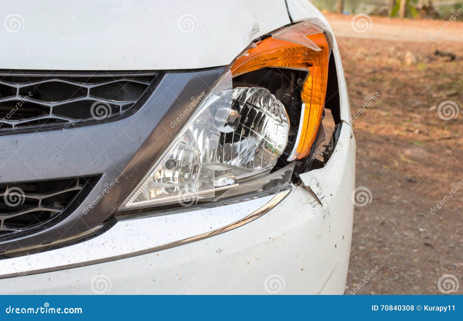 White Car with Damaged Headlamp after Collision Stock Photo - Image of ...