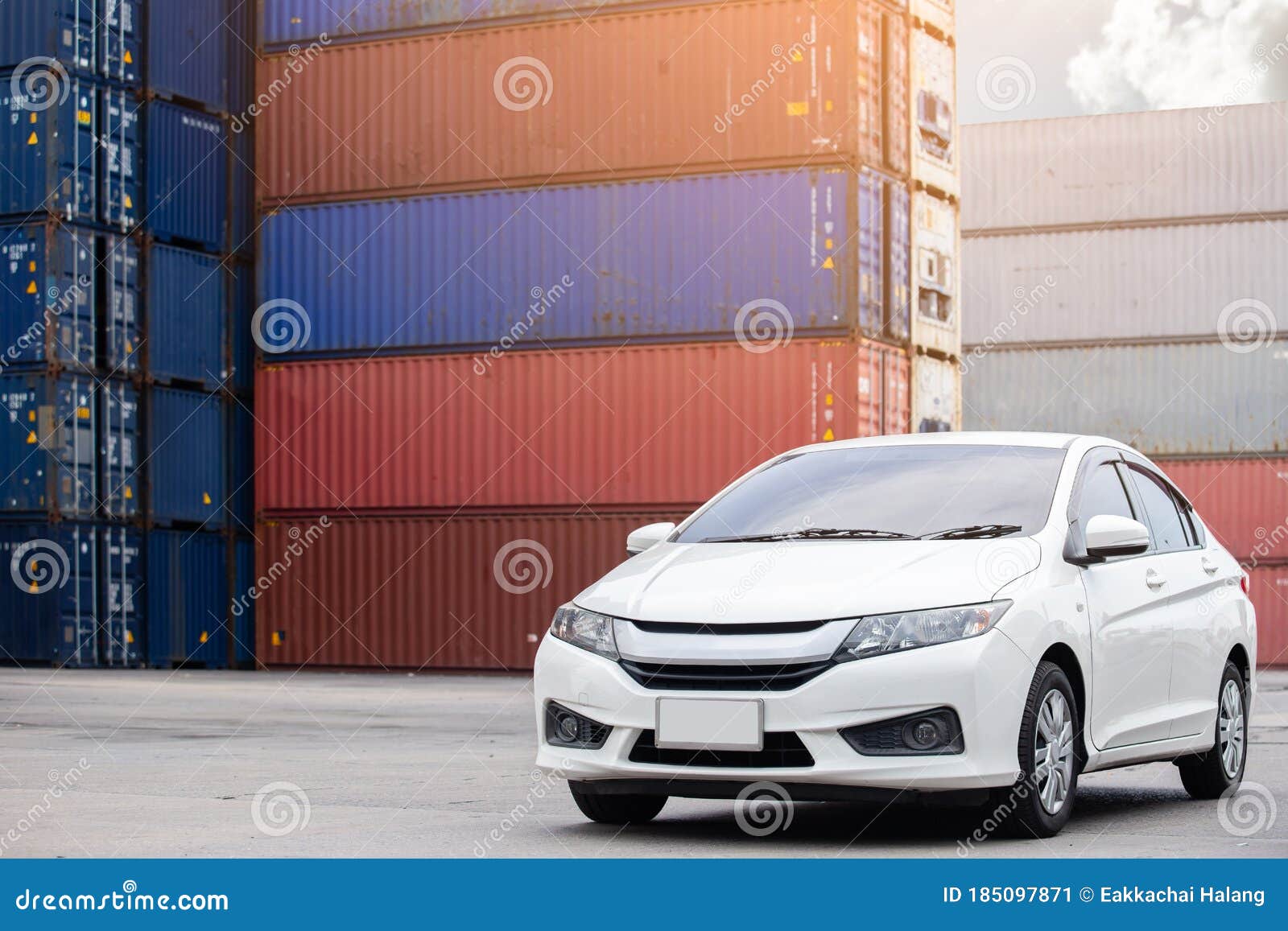 White Car Parked in Container Shipping Yard Stock Image - Image of yard ...