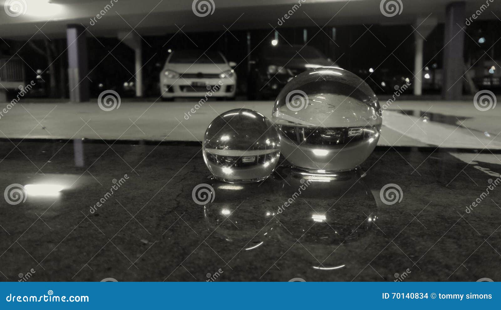 White Car Reflection Puddle Carpark at Night Rainy Day Balls Stock ...
