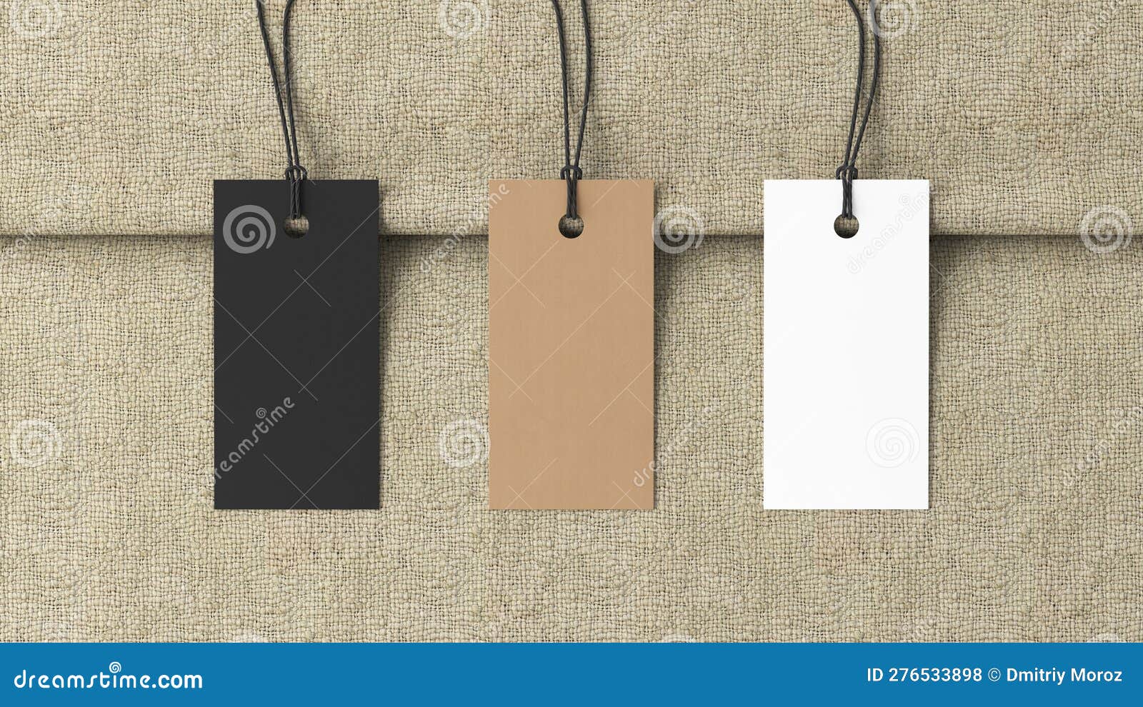 White, Cardboard, Black Rectangular Tags Mockup on Fabric Background ...