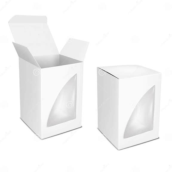 White Cardboard Box with Clear Plastic Triangular Window Mockup. Empty ...