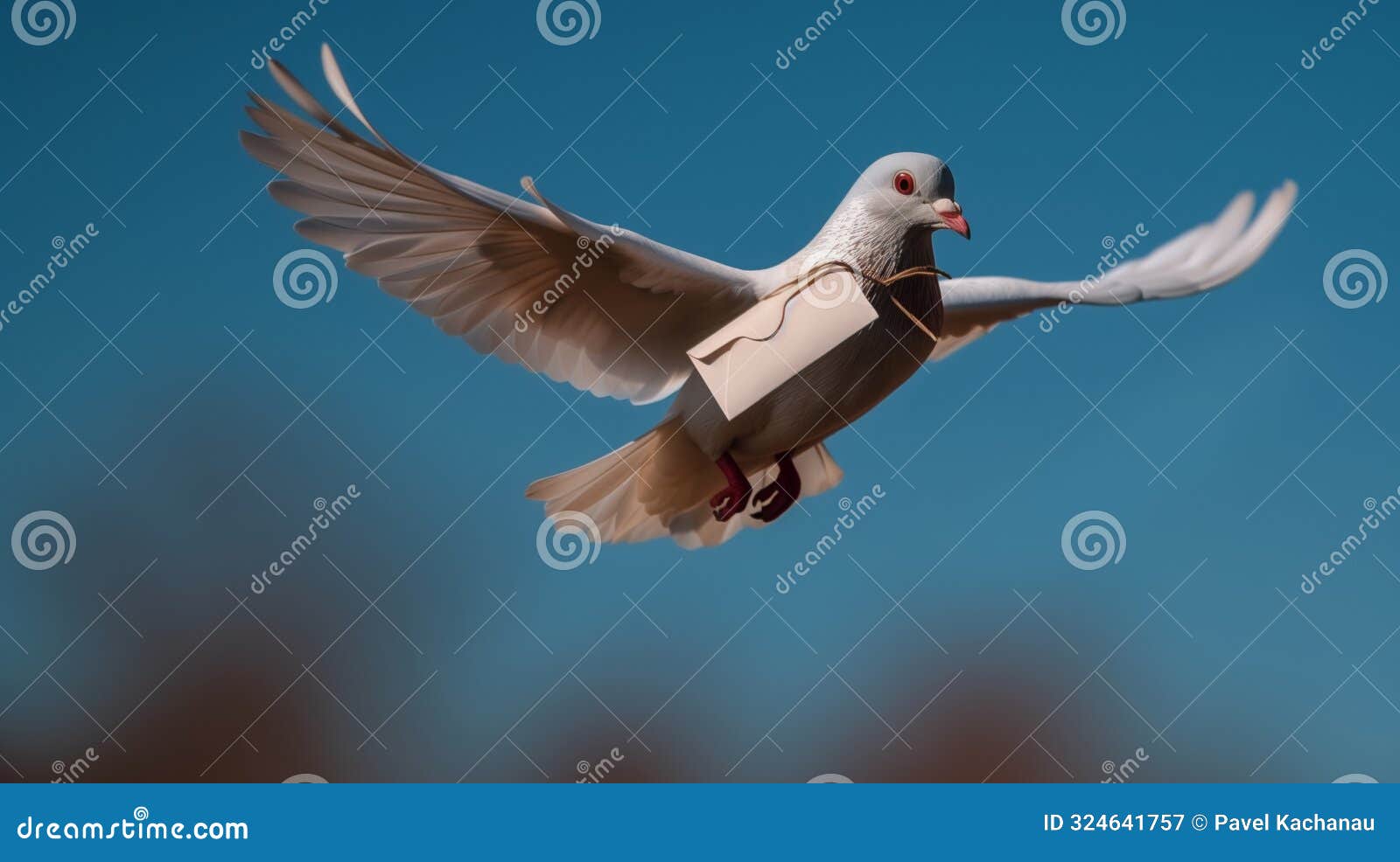 A White Carrier Pigeon in a Postman Hat Flies with a Message in a Clear ...