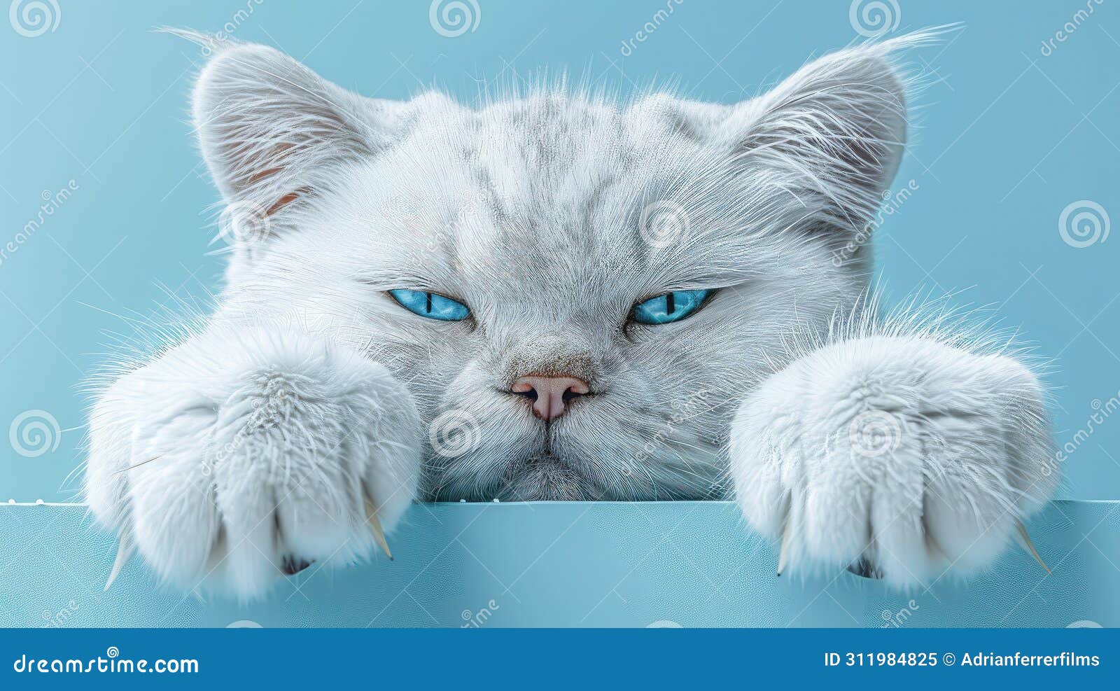 White Cat with Blue Eyes Peeking Over a Ledge. Stock Image - Image of ...