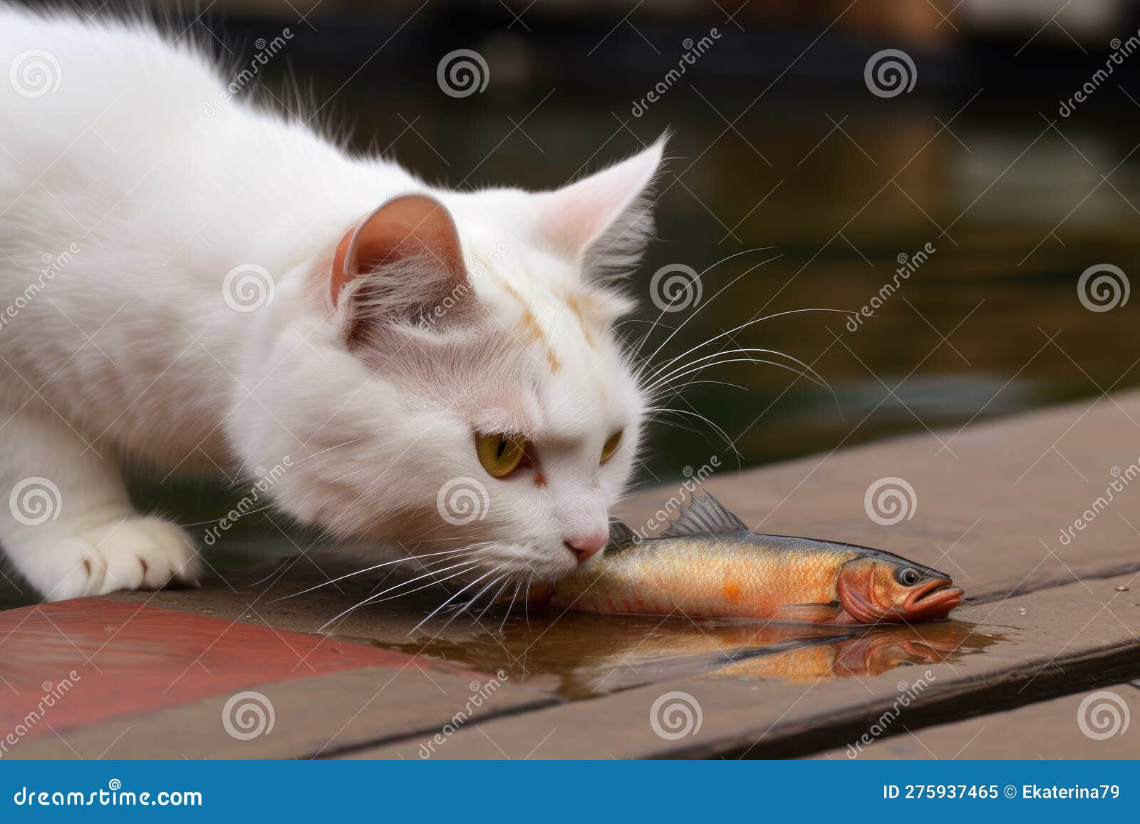 A White Cat Eating a Fish Near a Lake. Created with Generative AI Stock ...