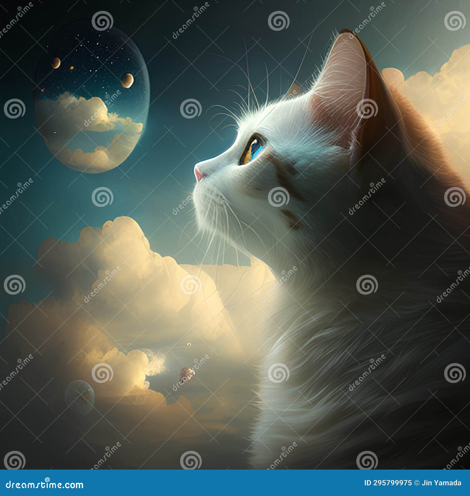 White Cat Looks at the Moon in the Night Sky. 3D Rendering Stock ...