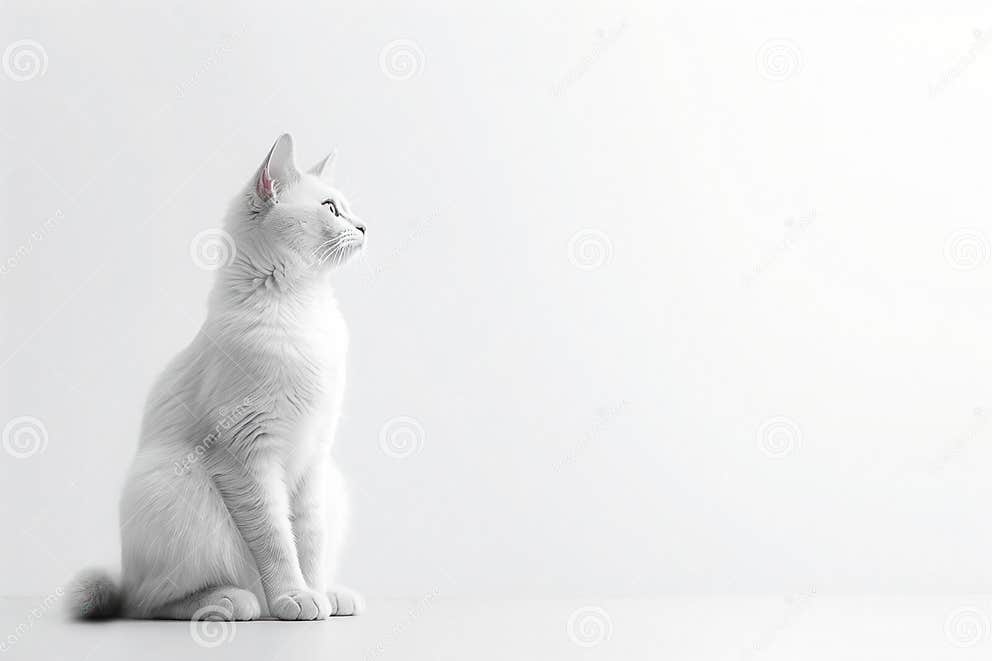 White Cat on Plain Light Gray Background, Space for Text, AI Generated ...
