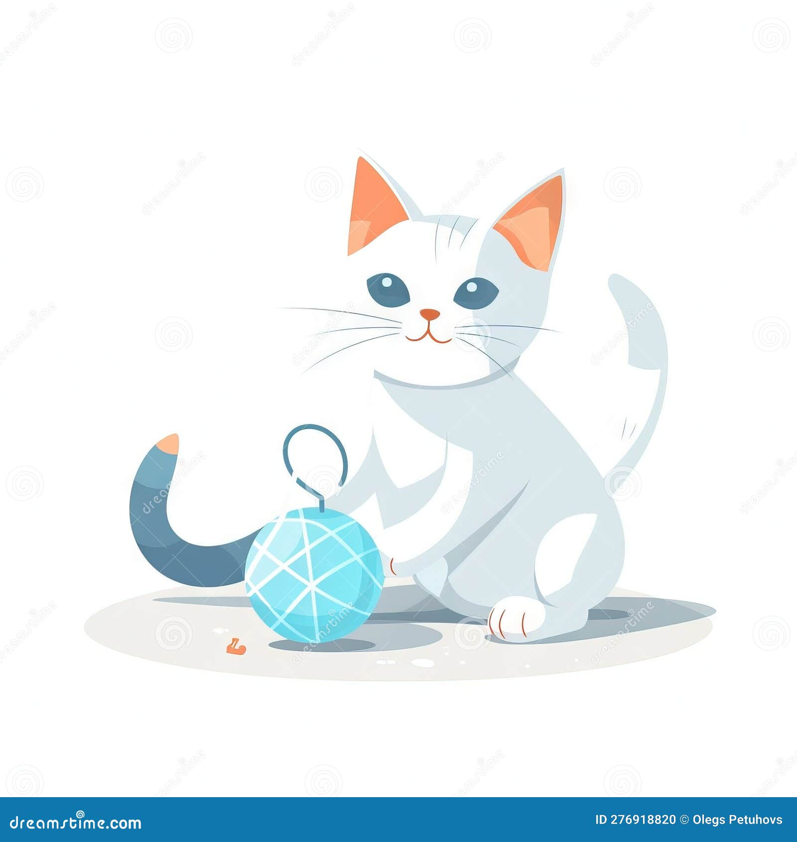 A White Cat Playing with a Blue Ball and a Blue Cat Toy on the Floor ...