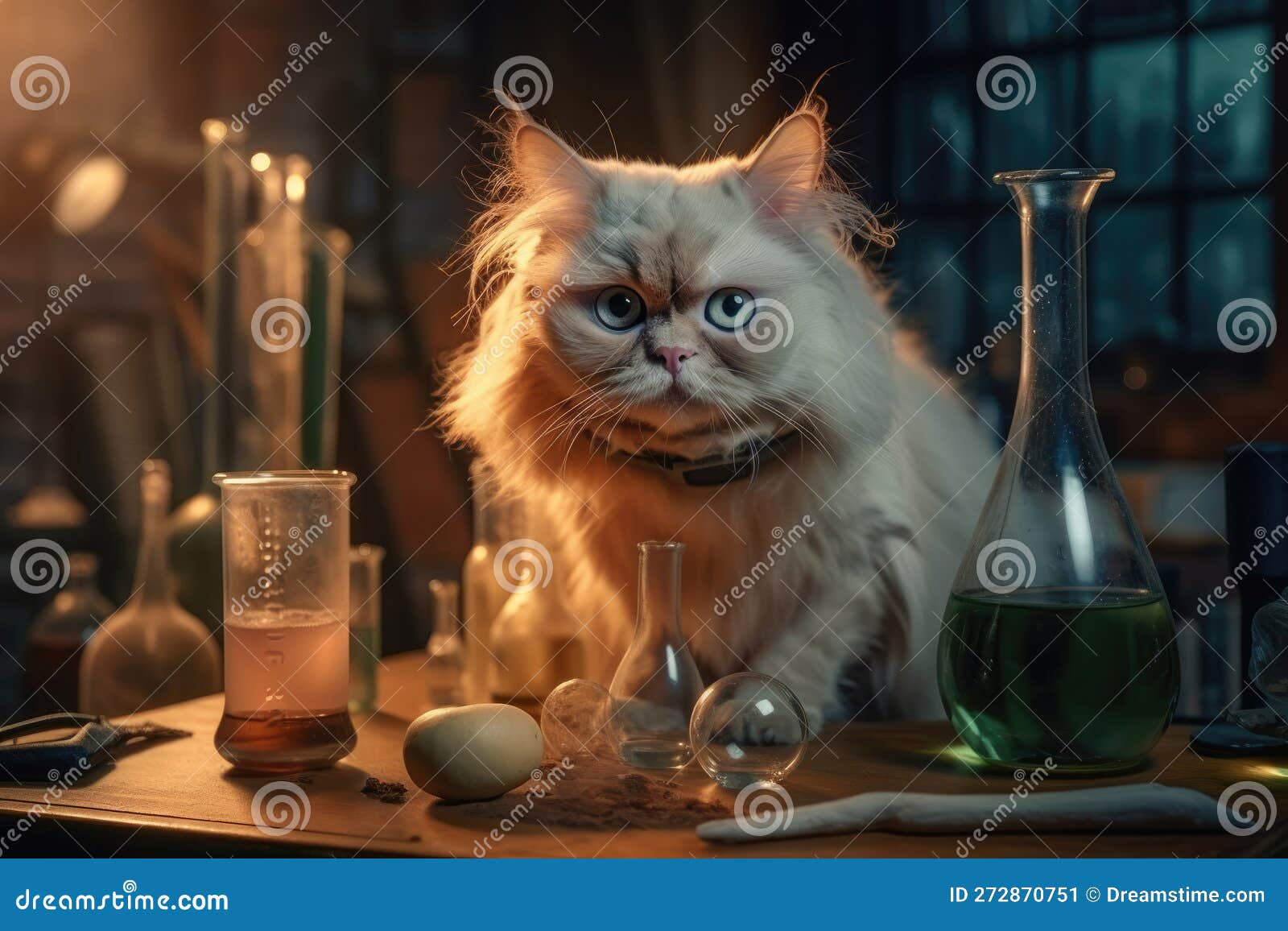 A White Cat Scientist Behind a Laboratory Table with Test Tubes and ...
