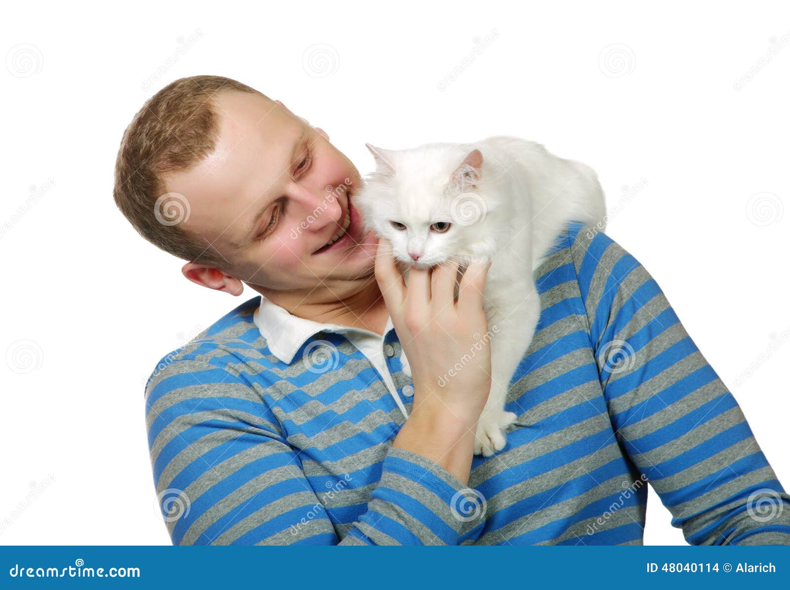 White Cat Sits on a Shoulder at the Man Stock Photo - Image of face ...