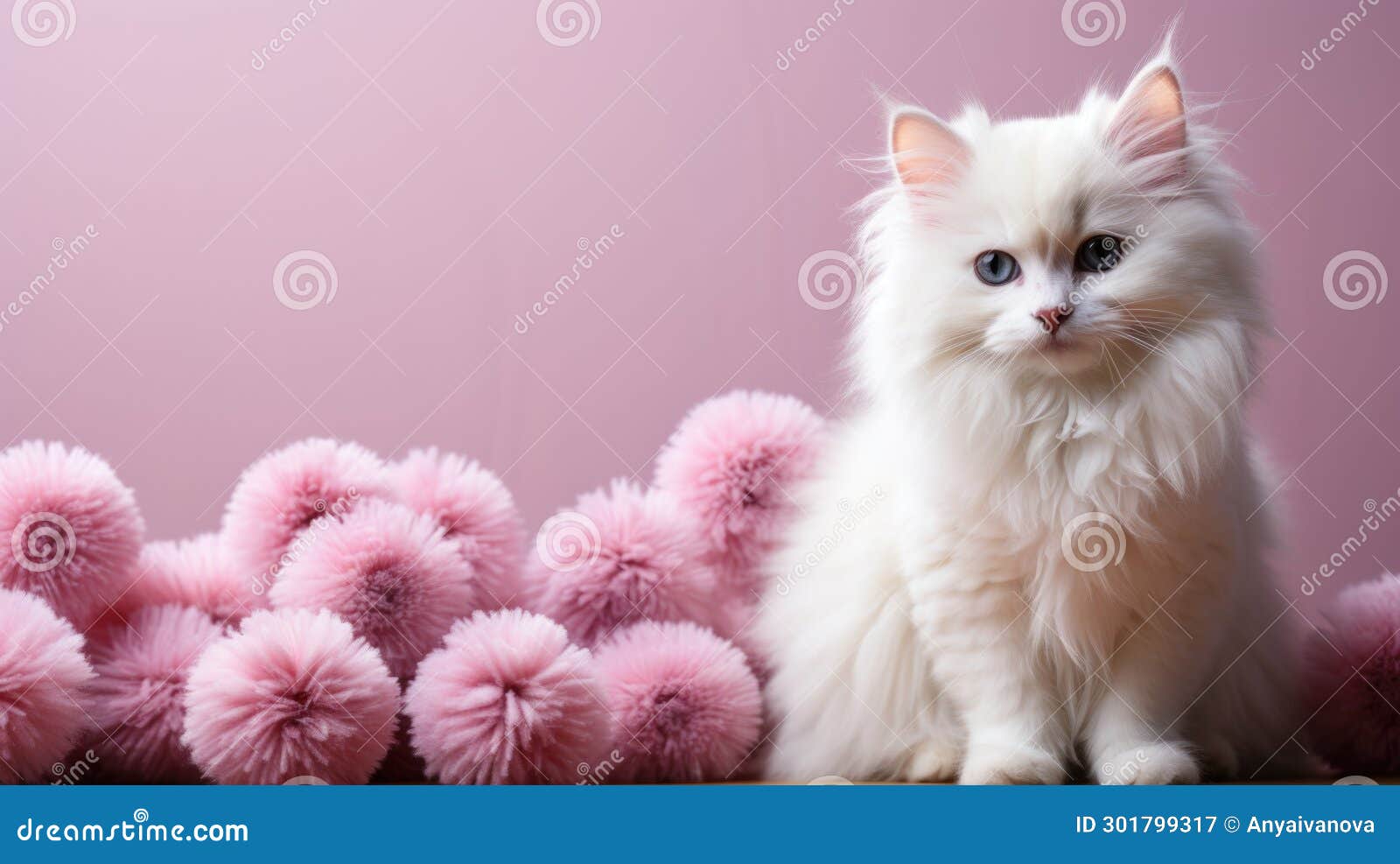 A White Cat Sitting in Front of a Bunch of Pink Pom Poms Stock Image ...