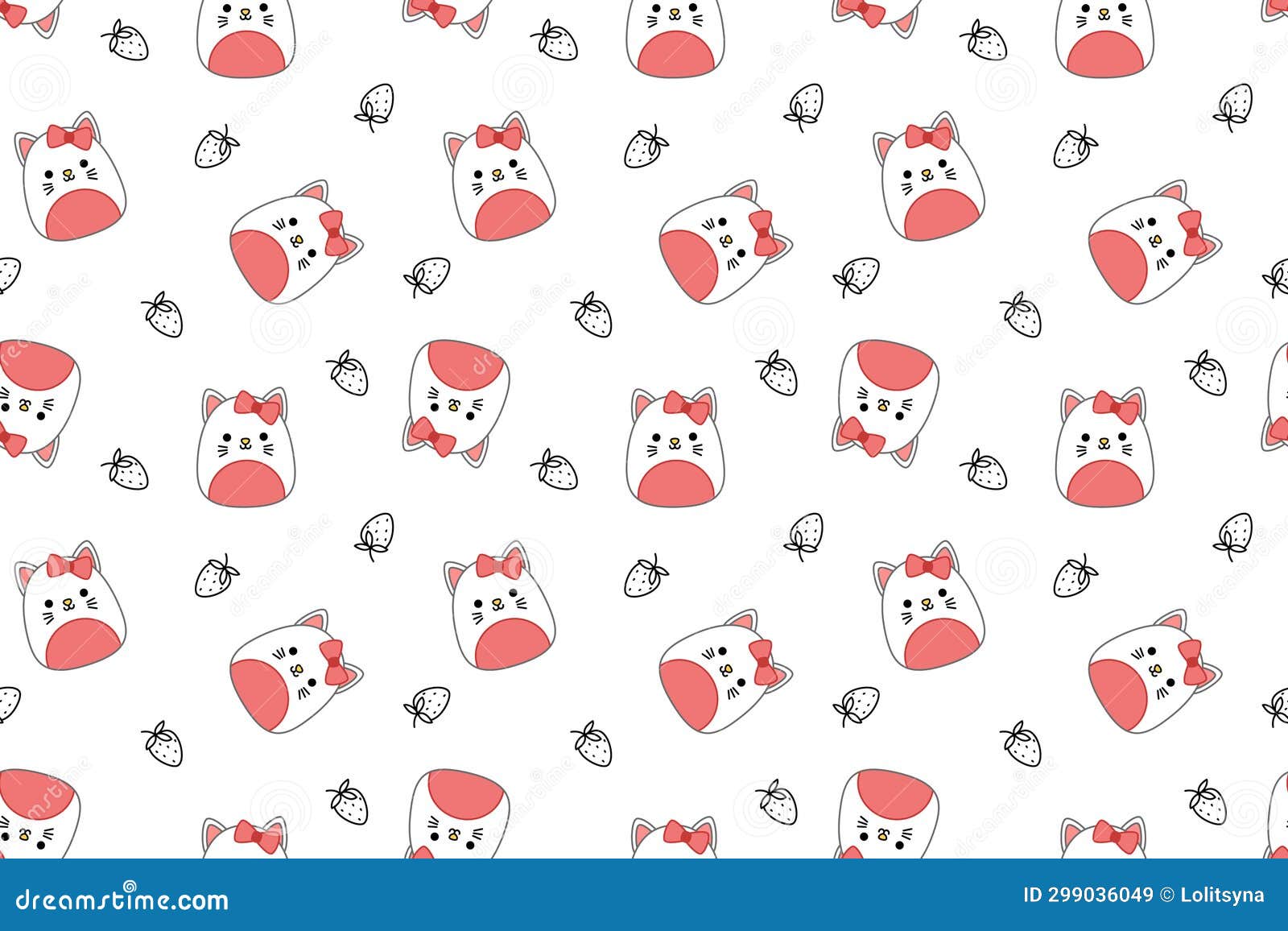 White Cat and Strawberry on Seamless Pattern. Squishmallow. Cat Stock ...