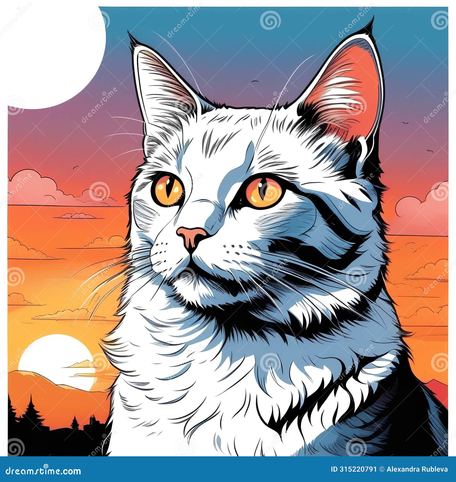 White Cat at Sunset, Illustration Stock Illustration - Illustration of ...