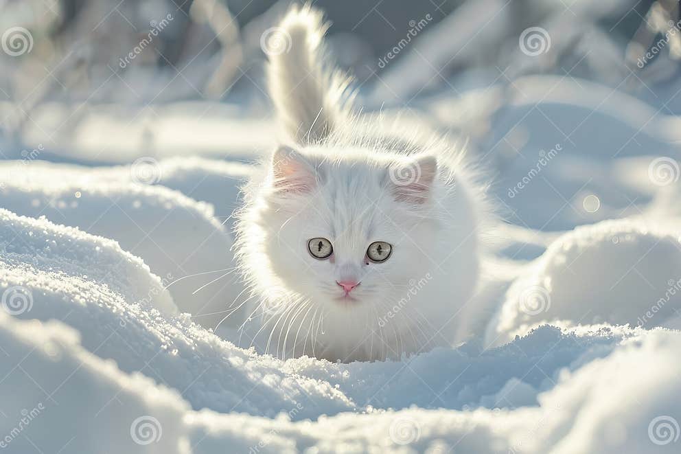 White Cat Walks in the Snow Stock Photo - Image of young, face: 333701636