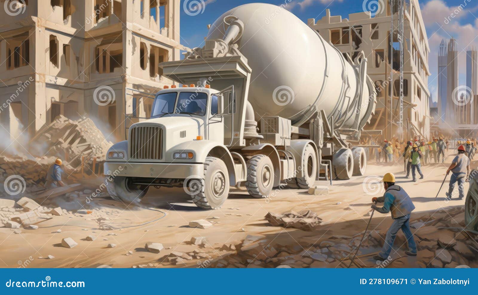 A White Cement Truck Driving on a Construction Site with Workers in the ...