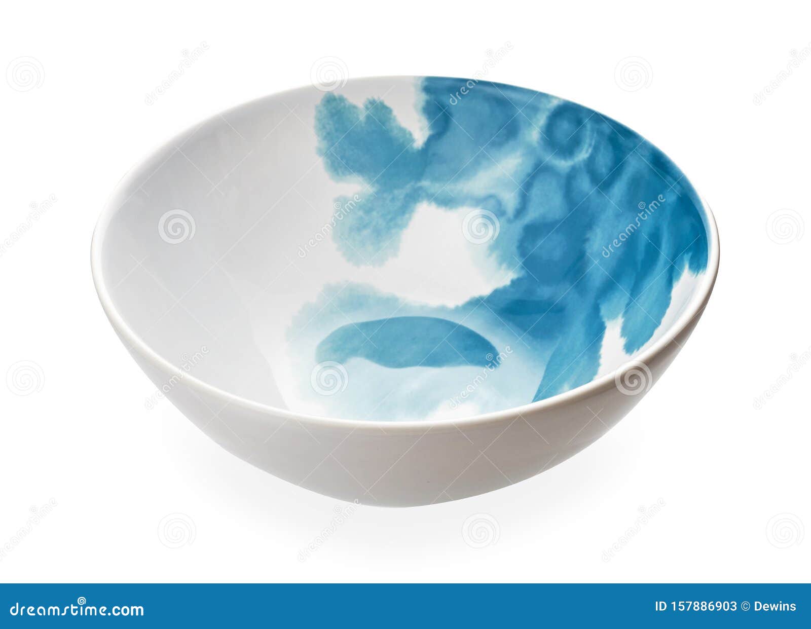 White Ceramic Bowl with Blue Watercolor Pattern, Empty Bowl Isolated on ...