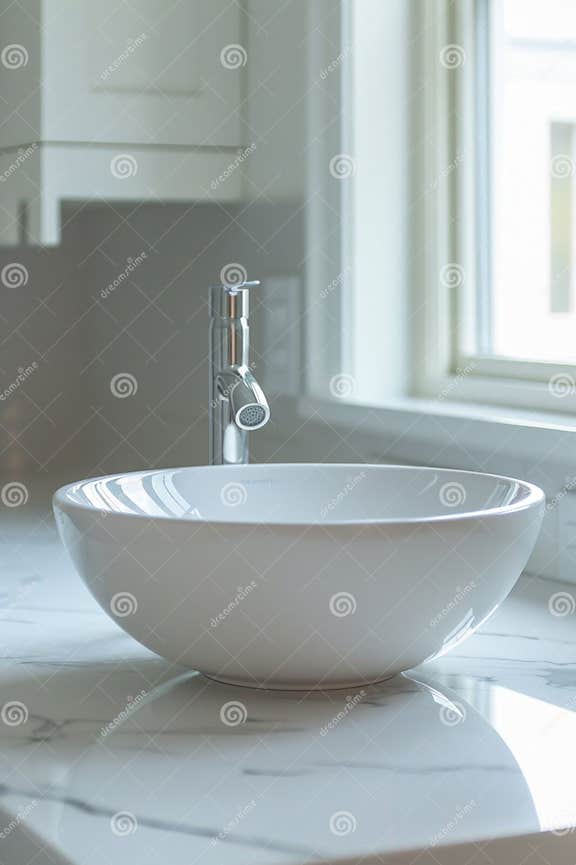 A White Ceramic Bowl Sits Atop a Kitchen Counter, Ready for Use Stock ...