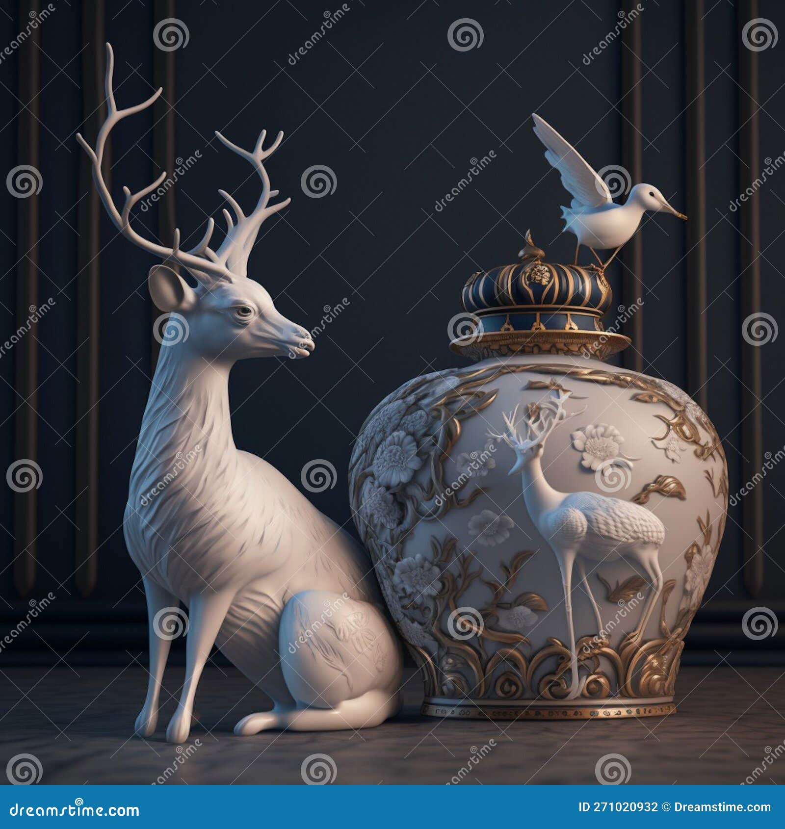 A White Ceramic Deer and a Deer Statue are on a Table. Stock ...