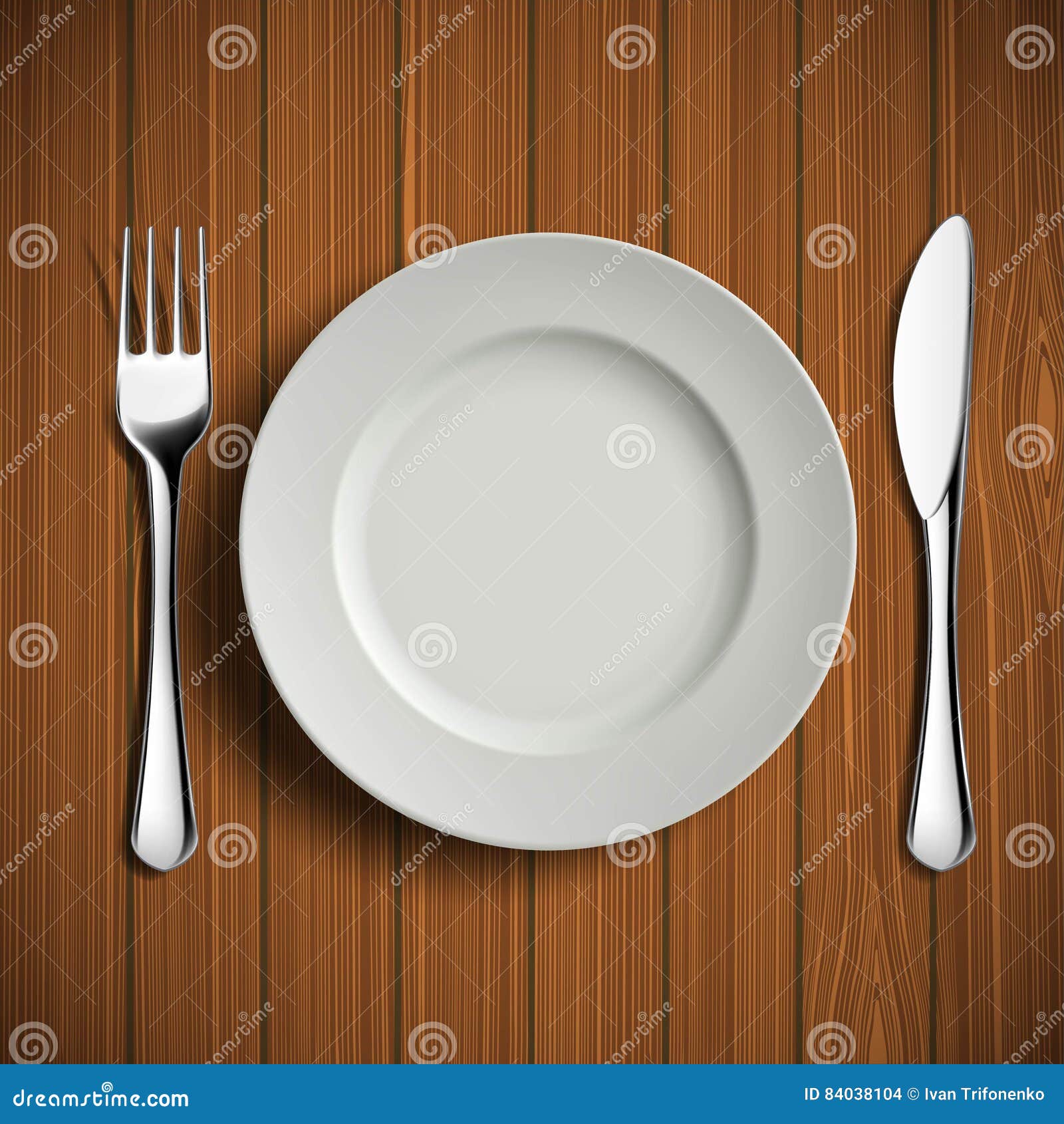 White Ceramic Plate, Fork and Knife on a Wooden Table. Table Lay Stock ...