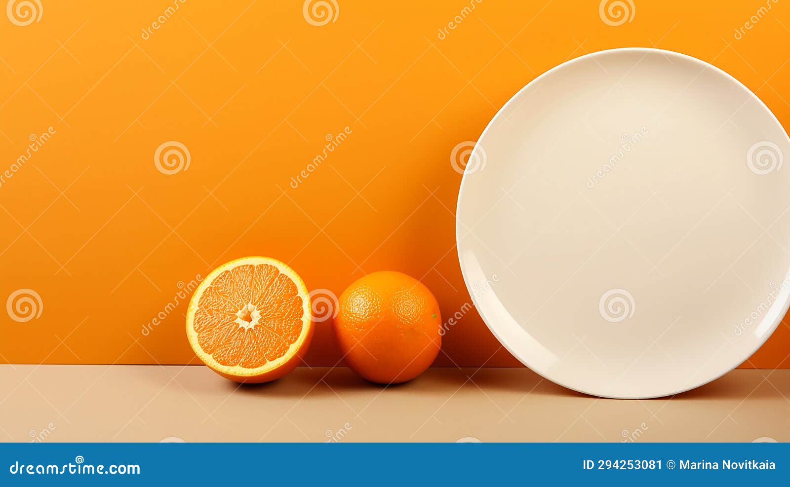 White Ceramic Plate, Whole and Half Sweet Orange on the Background of ...