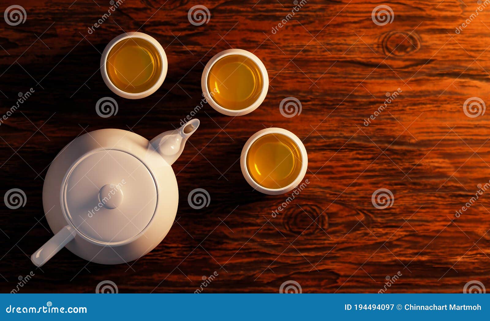 White Ceramic Teacup and White Teapot on a Wooden Surface. Top View of ...