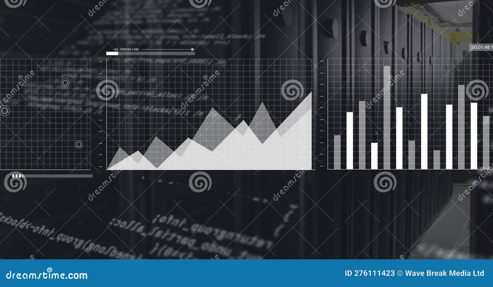 White Charts, Graphs and Processing Data Over Dark Computer Server Room ...