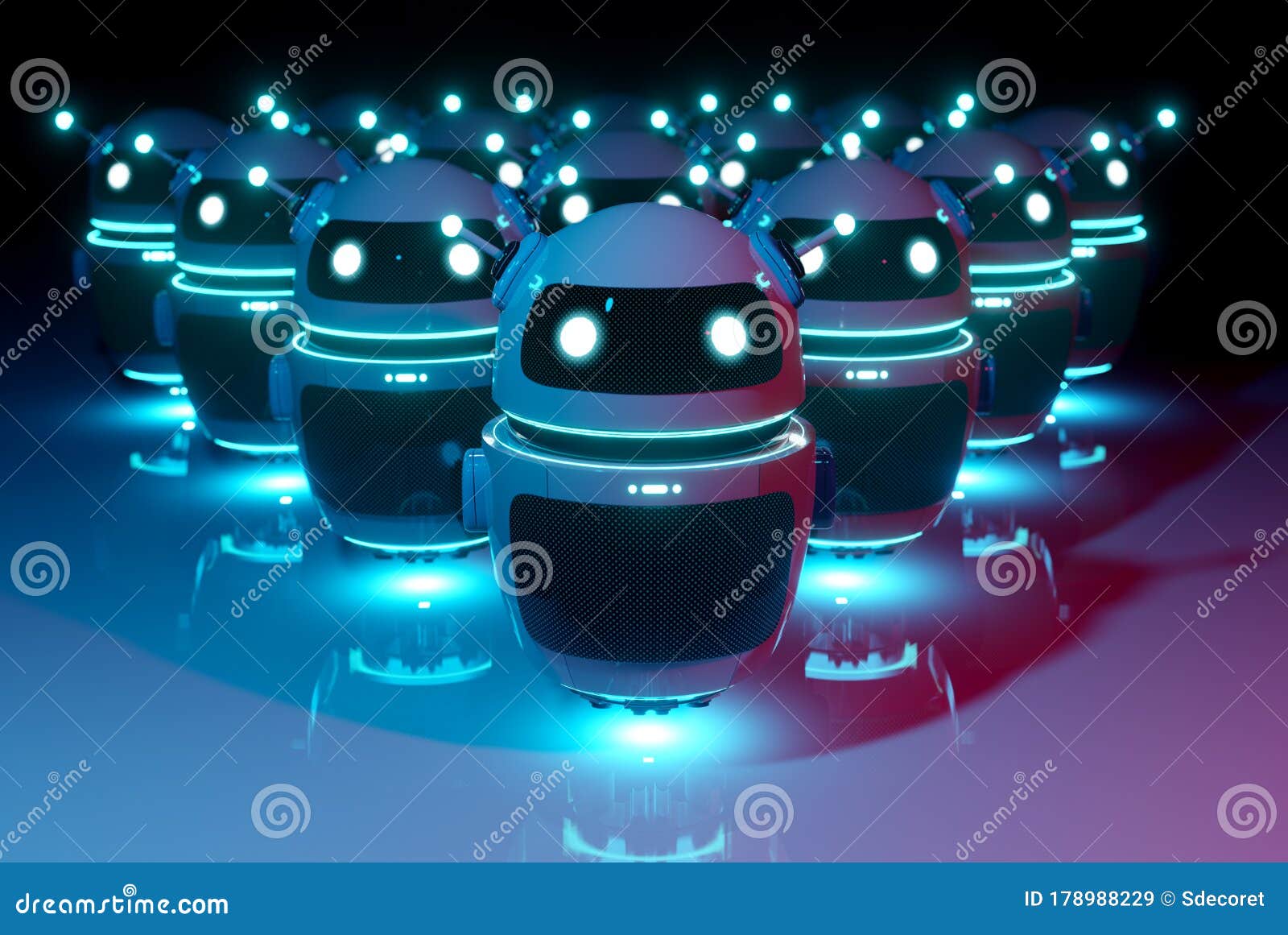 White Chatbot Robot Leading Robots Group on Dark Bluish Reddish ...