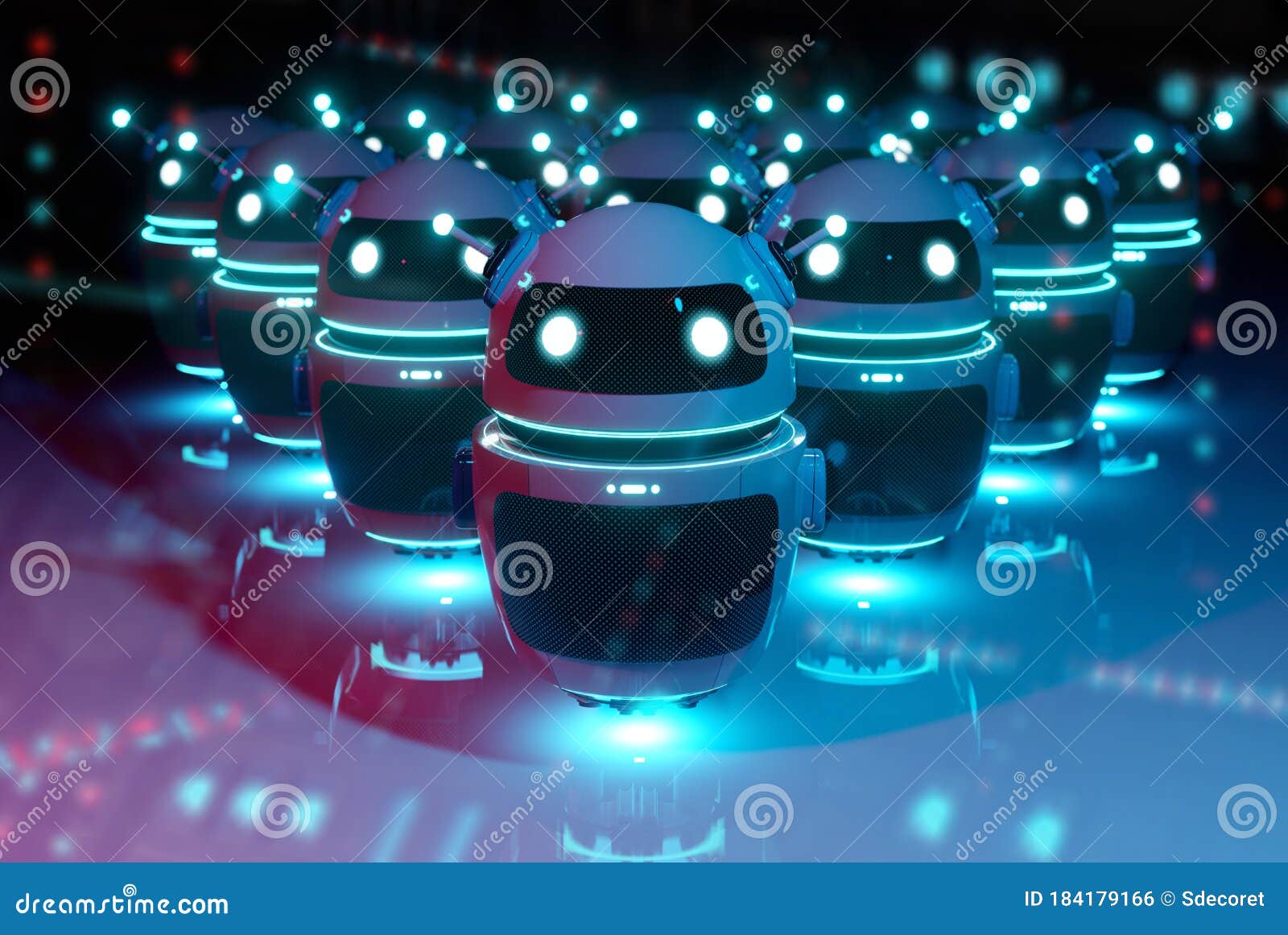 White Chatbot Robot Leading Robots Group on Dark Bluish Reddish ...